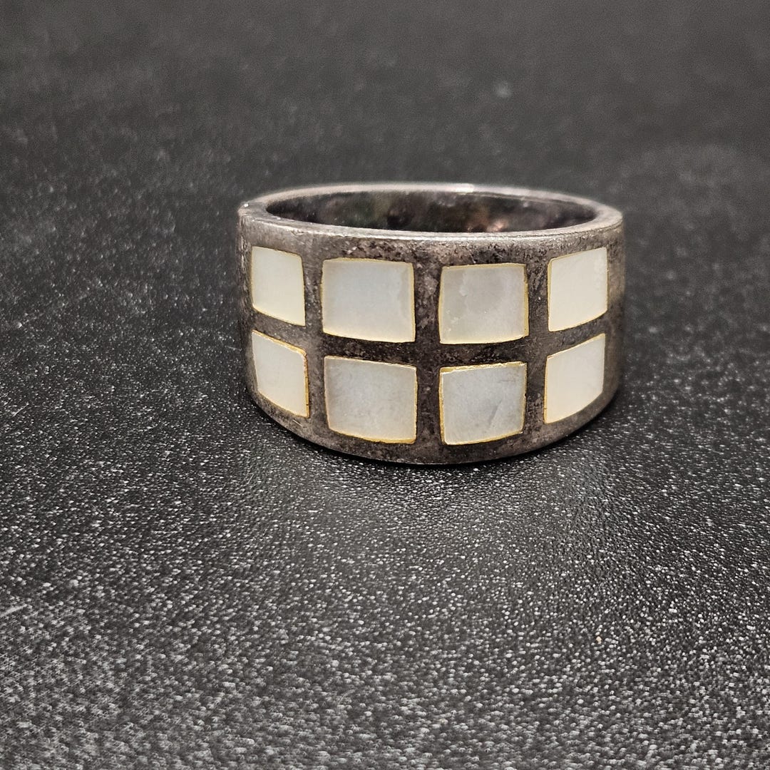 Vintage Sterling Silver Wide Checkerboard Mother-of-pearl Inlay Ring Sz ...