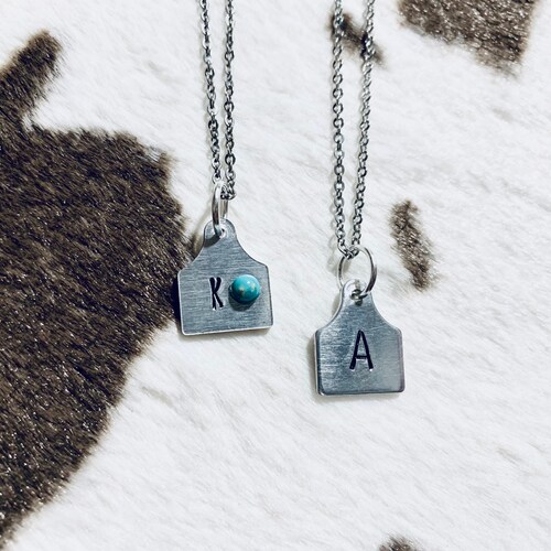 Mini Cattle Tag Initial Necklace Cow Tag Turquoise Stone - Etsy
