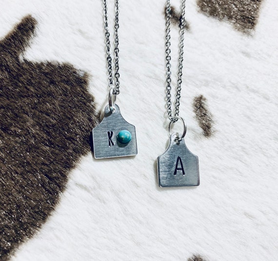 Mini Cattle Tag Initial Necklace Cow Tag Turquoise Stone - Etsy