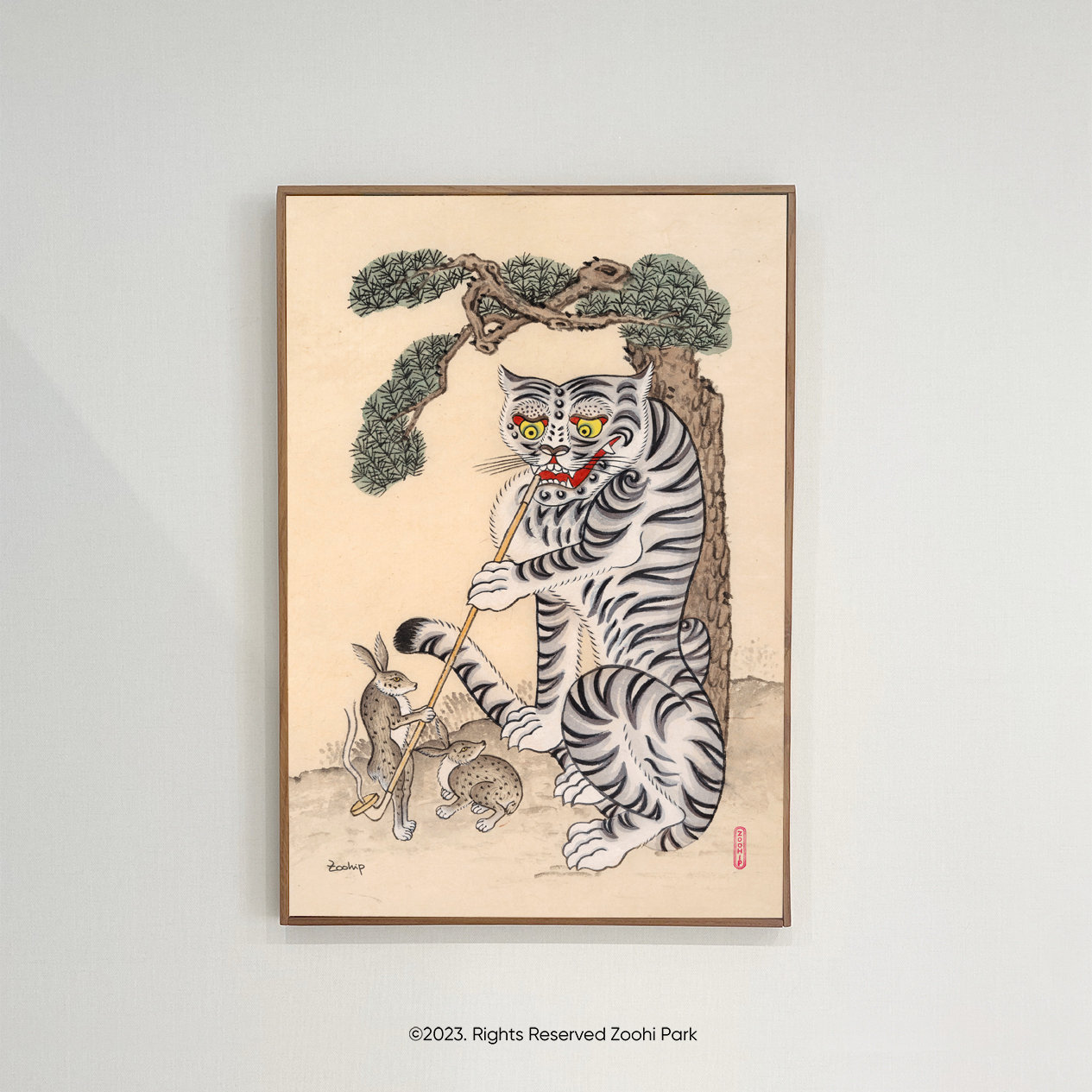 Old Tiger, Rabbits and Tiger, Korean Folk Paintings, Original Art Piece ...