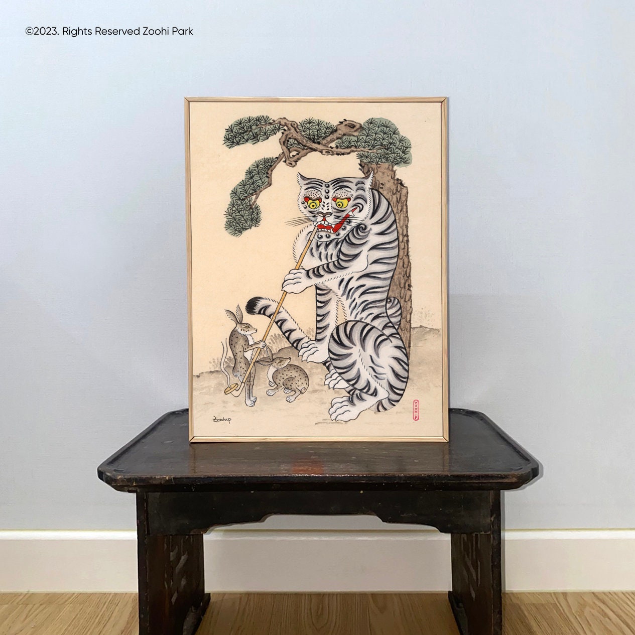 Old Tiger, Rabbits and Tiger, Korean Folk Paintings, Original Art Piece ...