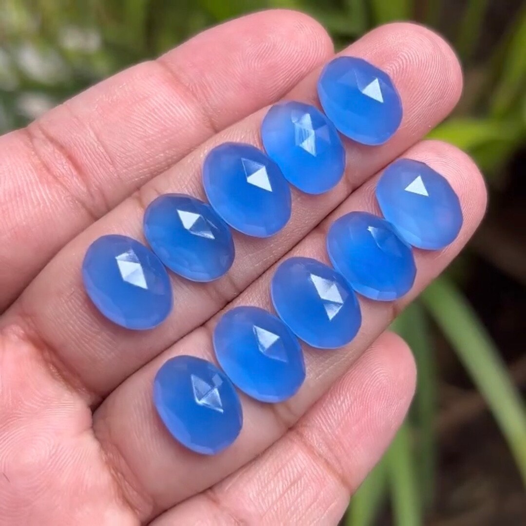 AAA Qaulity Natural Blue Onyx Checker Cut Oval Flat Back Shape Gemstone ...