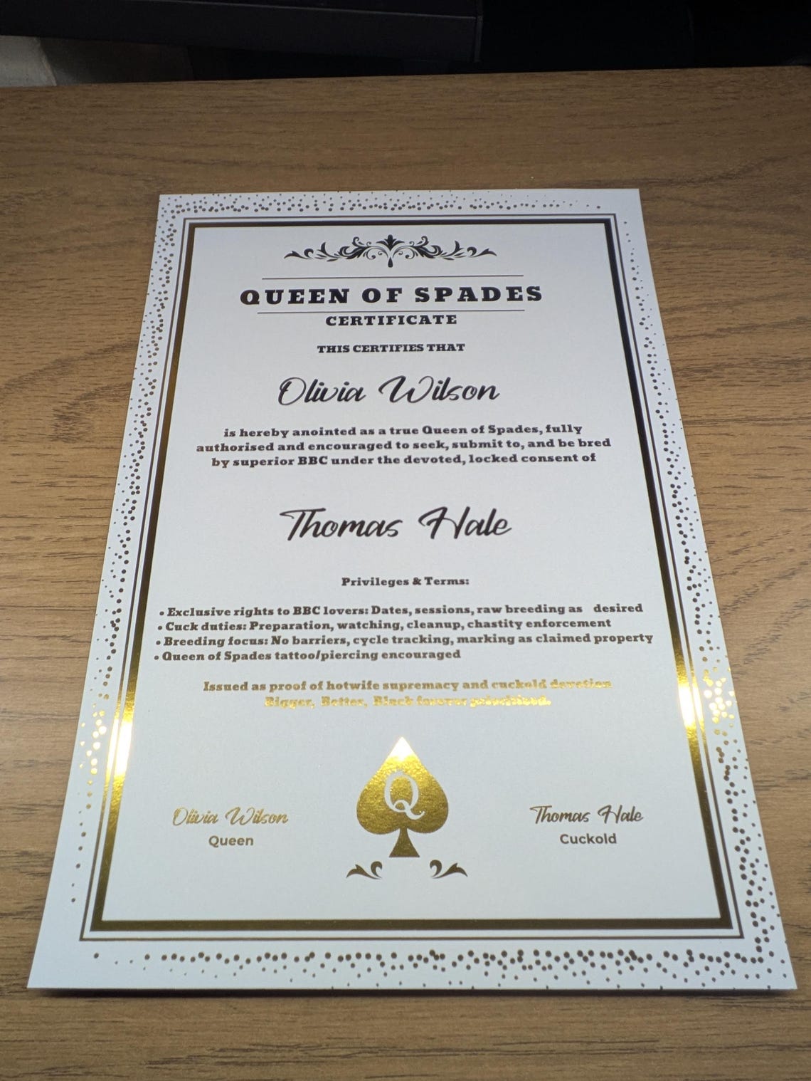 Personalised Queen of Spades Certificate | Gold Foil QOS Hotwife Gift ...