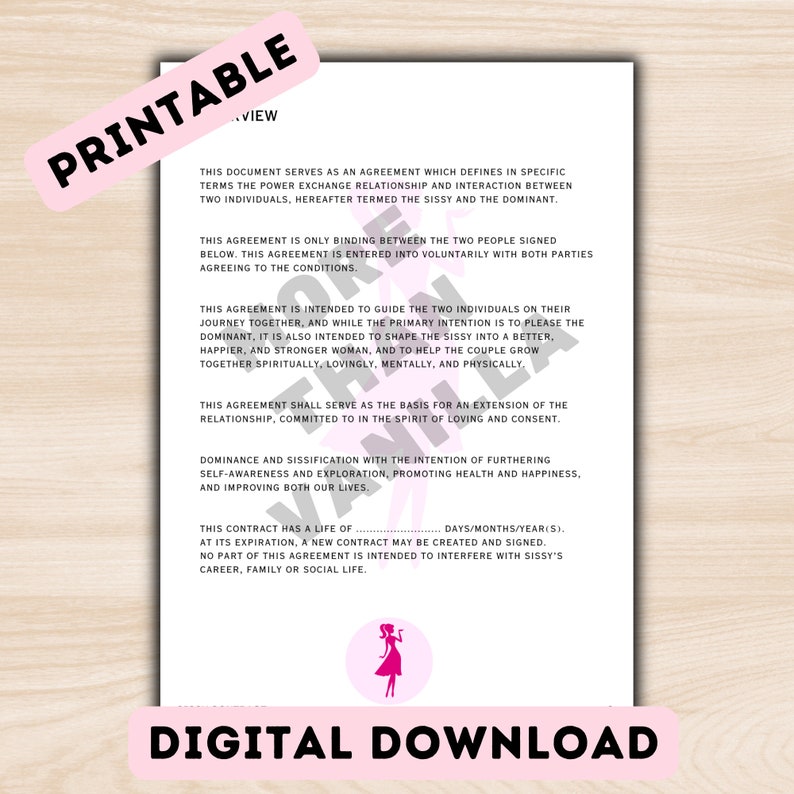 Sissy Contract, Feminization Agreement, BDSM Roleplay Document ...