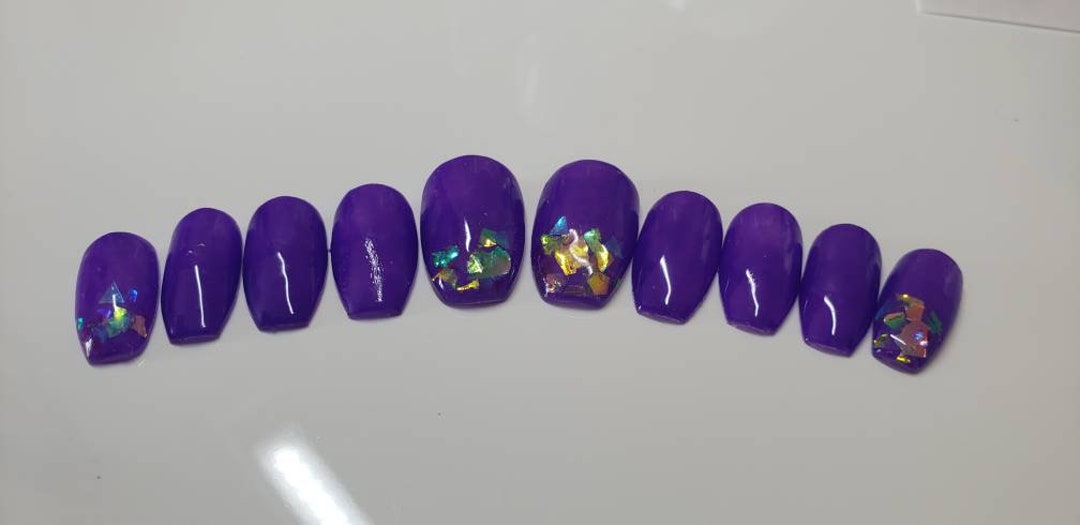 Purple Nails With Mylar and Glitter| Mardi Gras Presson Nails - Etsy