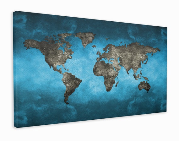 Grey and Blue World Map Framed and Ready to Hang | Etsy