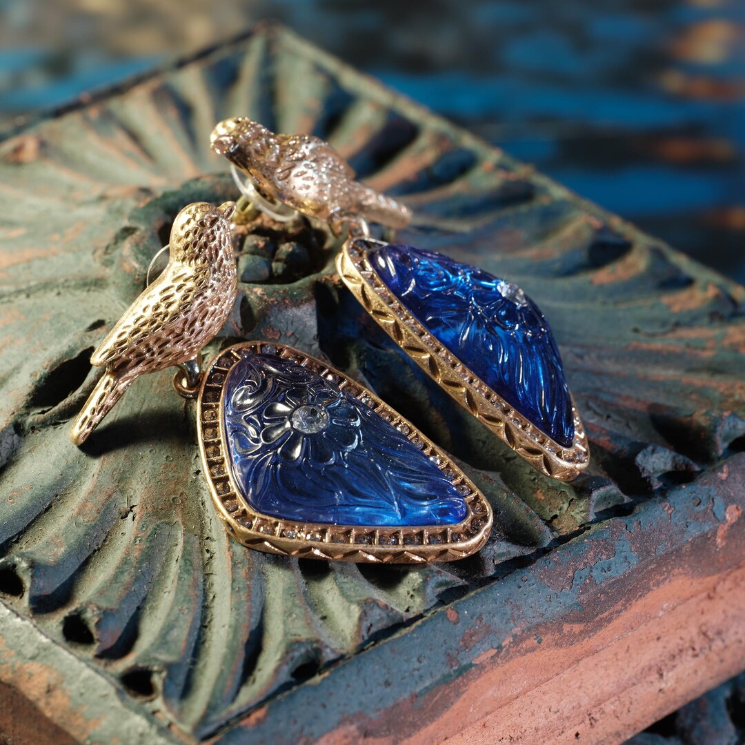 Golden Nightingale Bird Art Deco Antique Style Post Dangling Earrings. Large and Heavy Fast ...