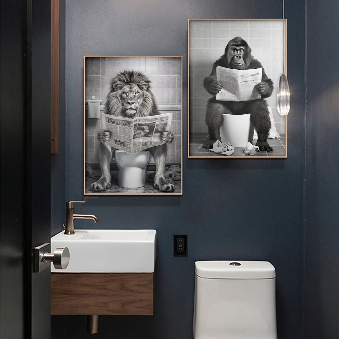 Digital Quirky Animals in the Toilet Wall Art, Lion, Gorilla Sit on the ...