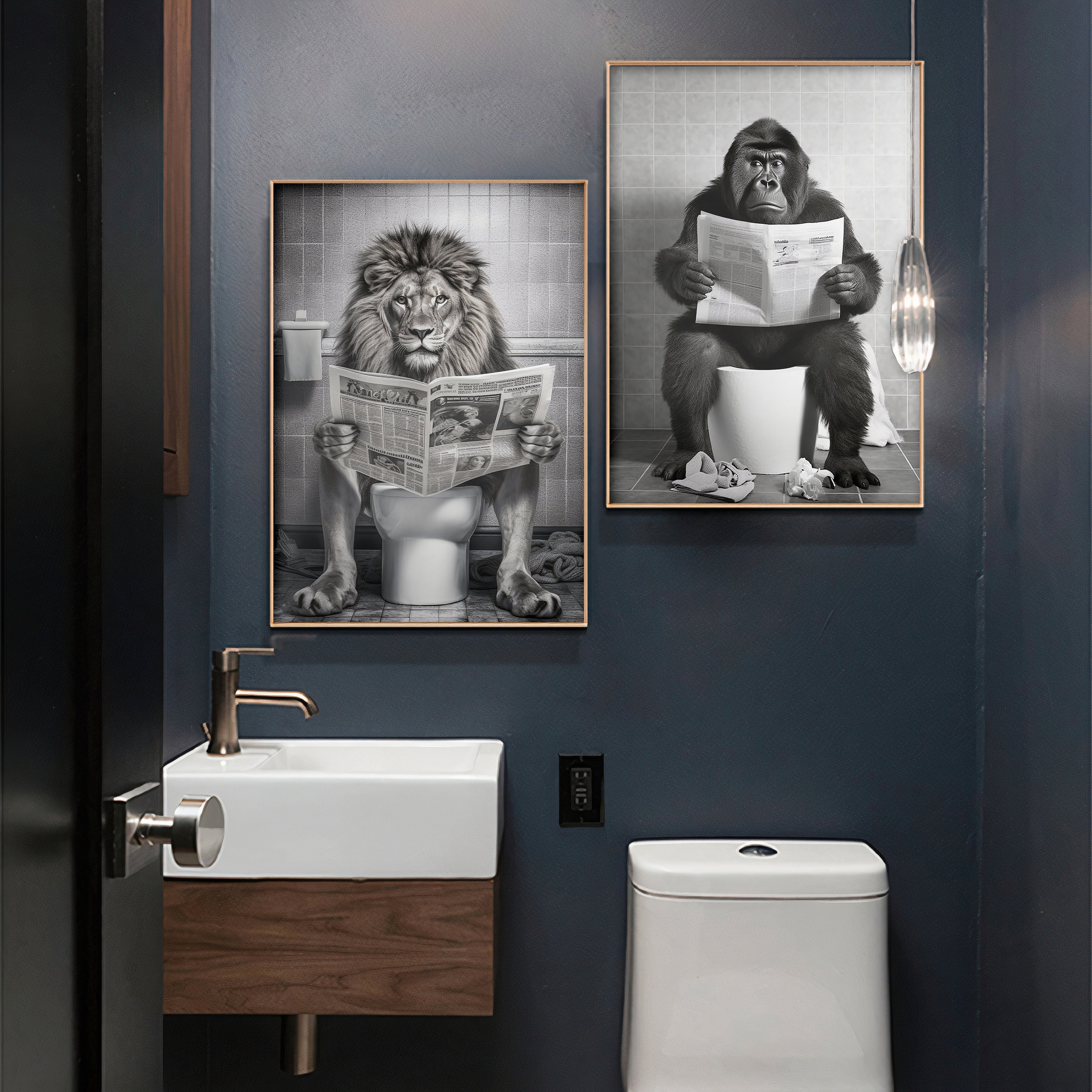 Digital Quirky Animals in the Toilet Wall Art, Lion, Gorilla Sit on the ...