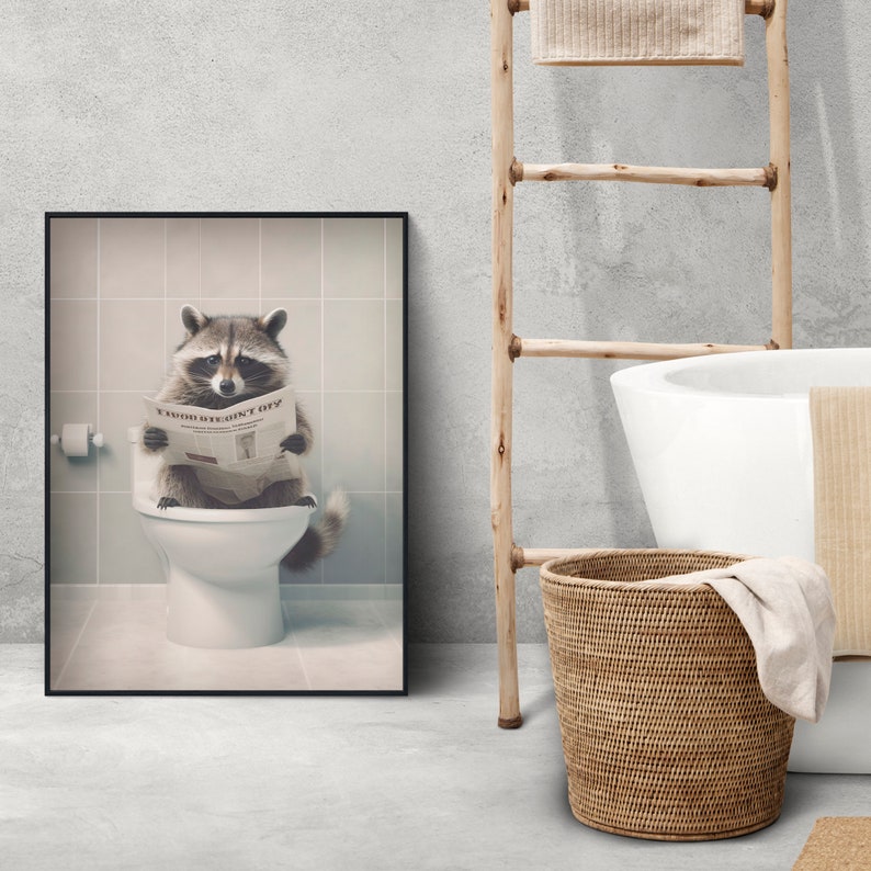 Digital Quirky Animals in the Toilet Wall Art, Lion and Raccoon Sit on ...