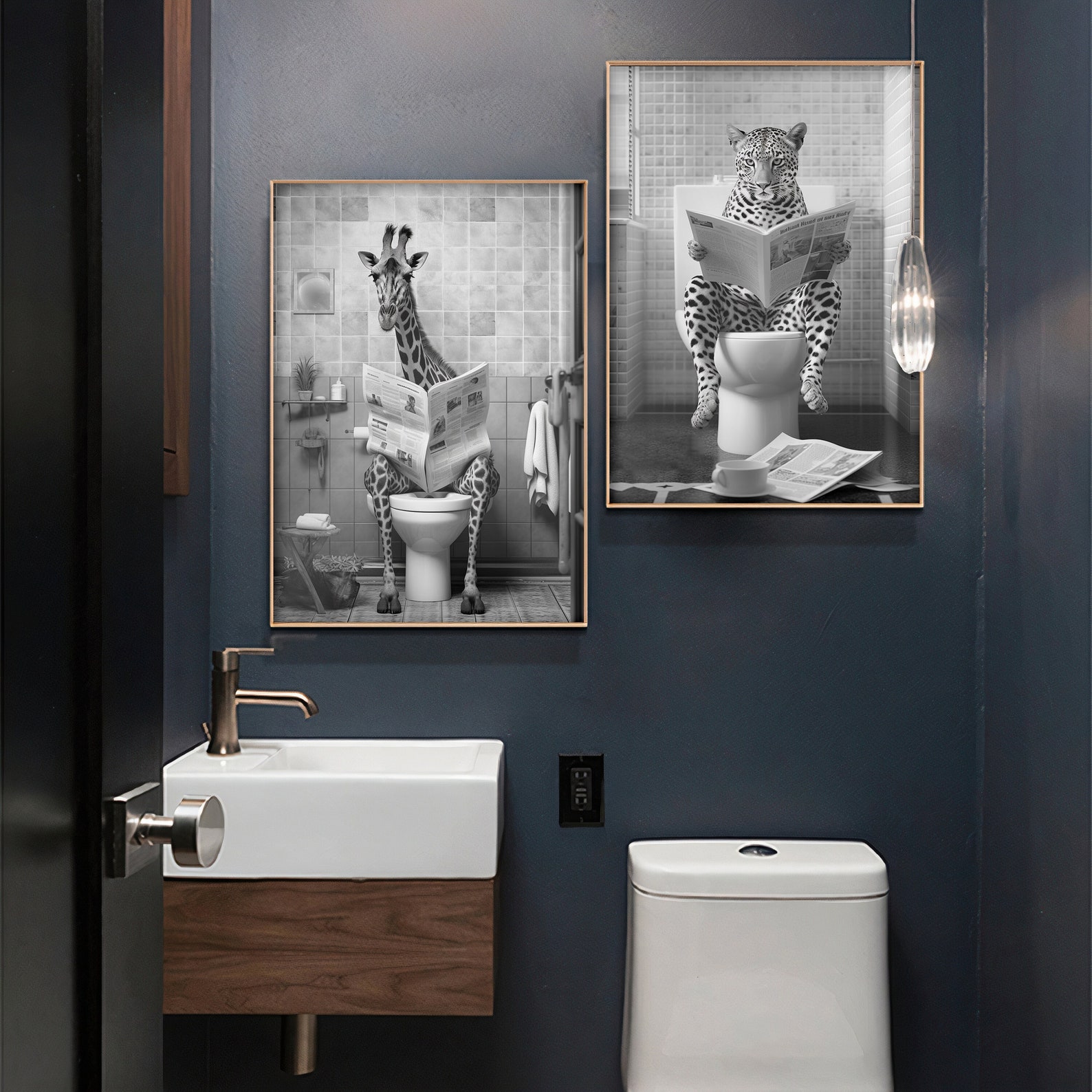 Digital Quirky Animals in the Toilet Wall Art, Leopard, Giraffe Sit on ...