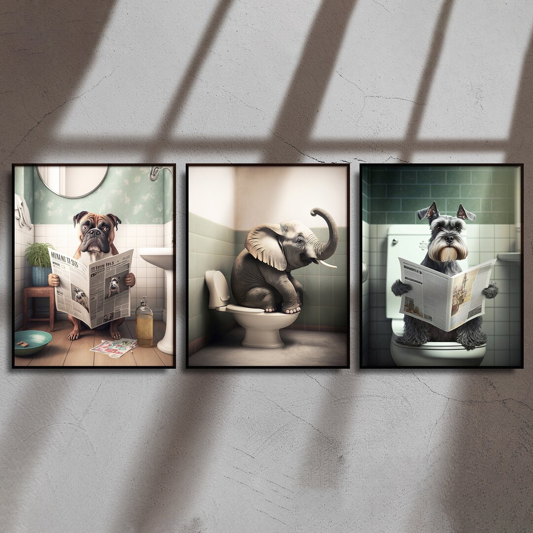 Digital Quirky Animals in the Toilet Wall Art, Dog, Elephant Sit on the ...
