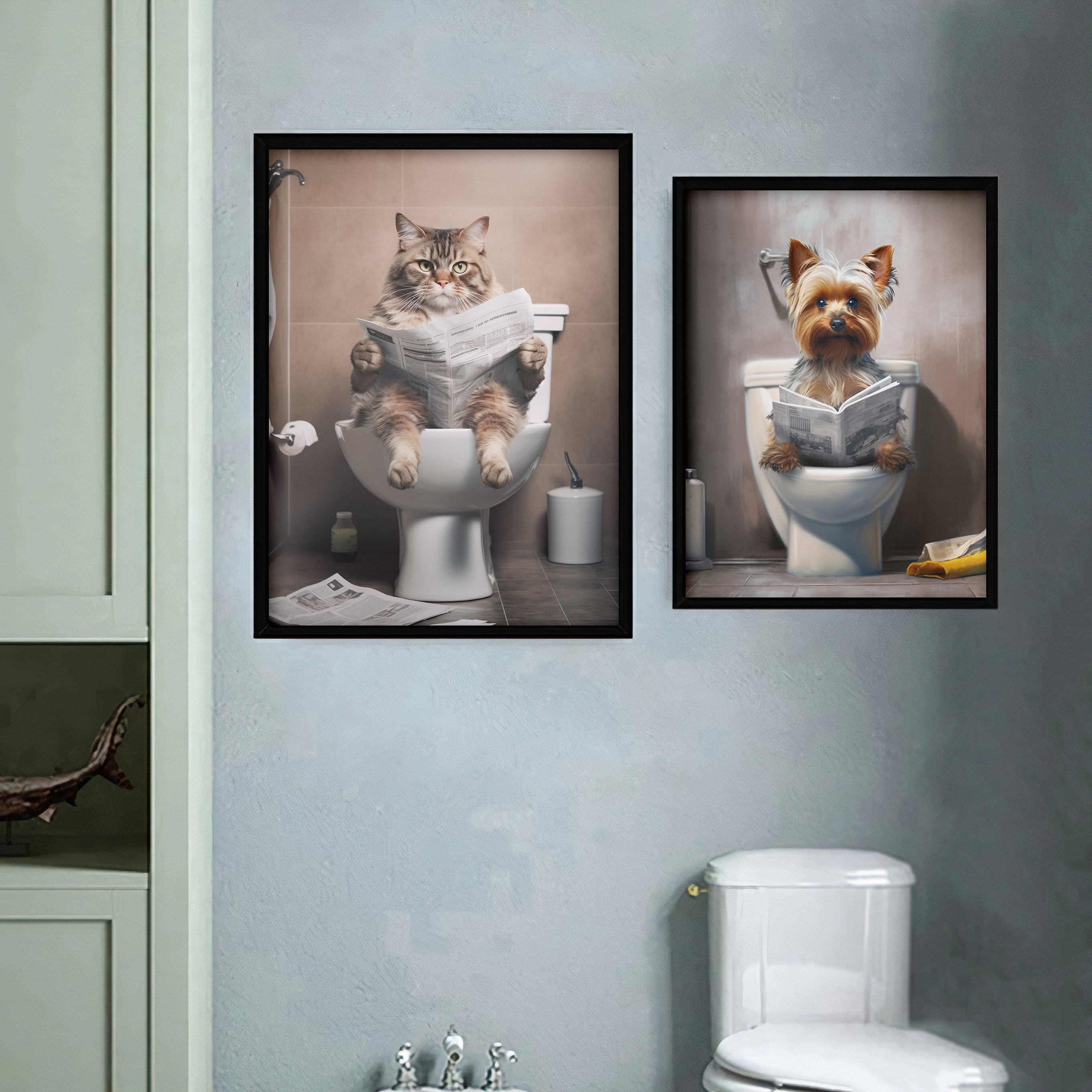 Digital Quirky Animals in the Toilet Wall Art, Cat and Dog Sit on the ...