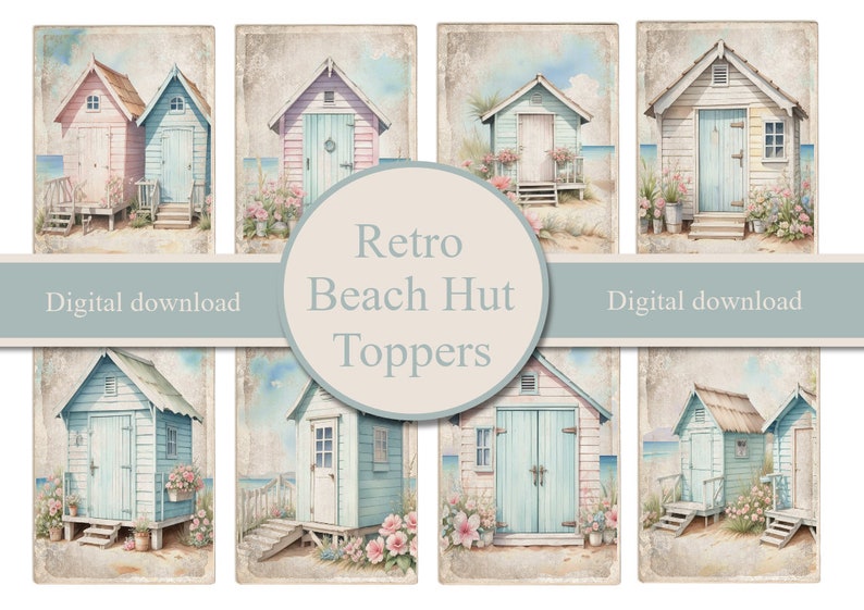 Retro Beach Hut Toppers, Collage Sheet, Tags, Journaling Cards, Digital ...