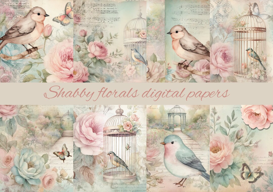 Shabby Florals Digital Papers, Shabby Chic Background Pages, Digital ...