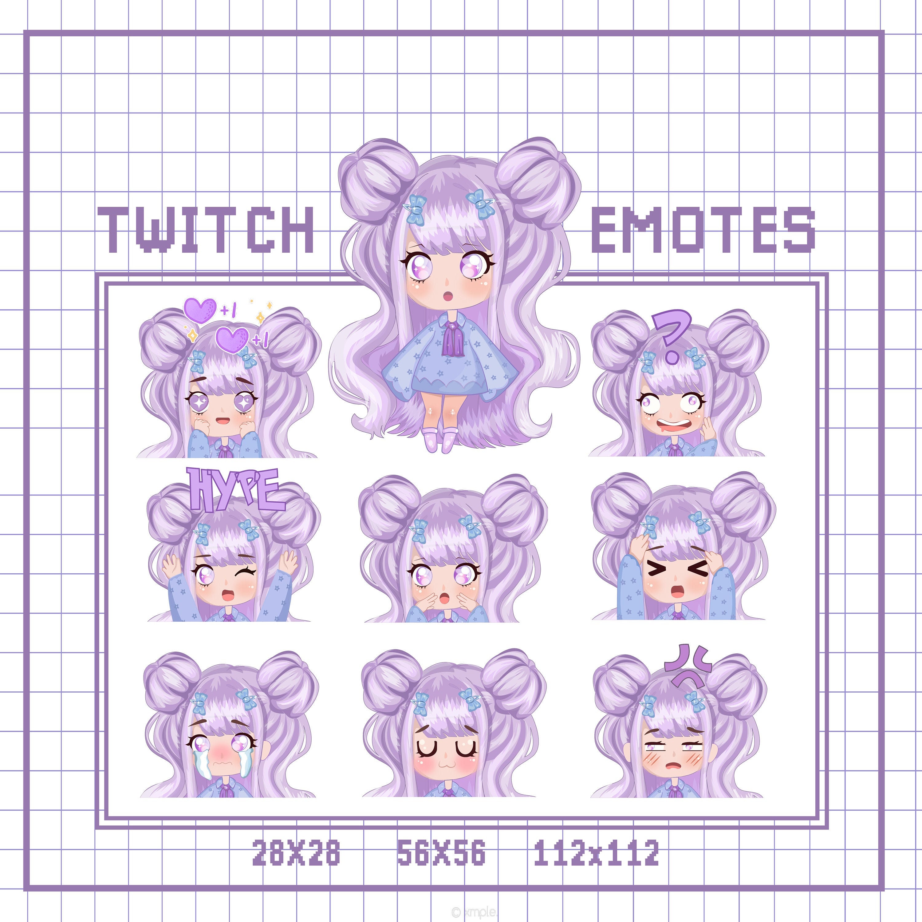 Kawaii Chibi Girl Twitch Emotes, Emote Stream Package, Pastel Purple ...