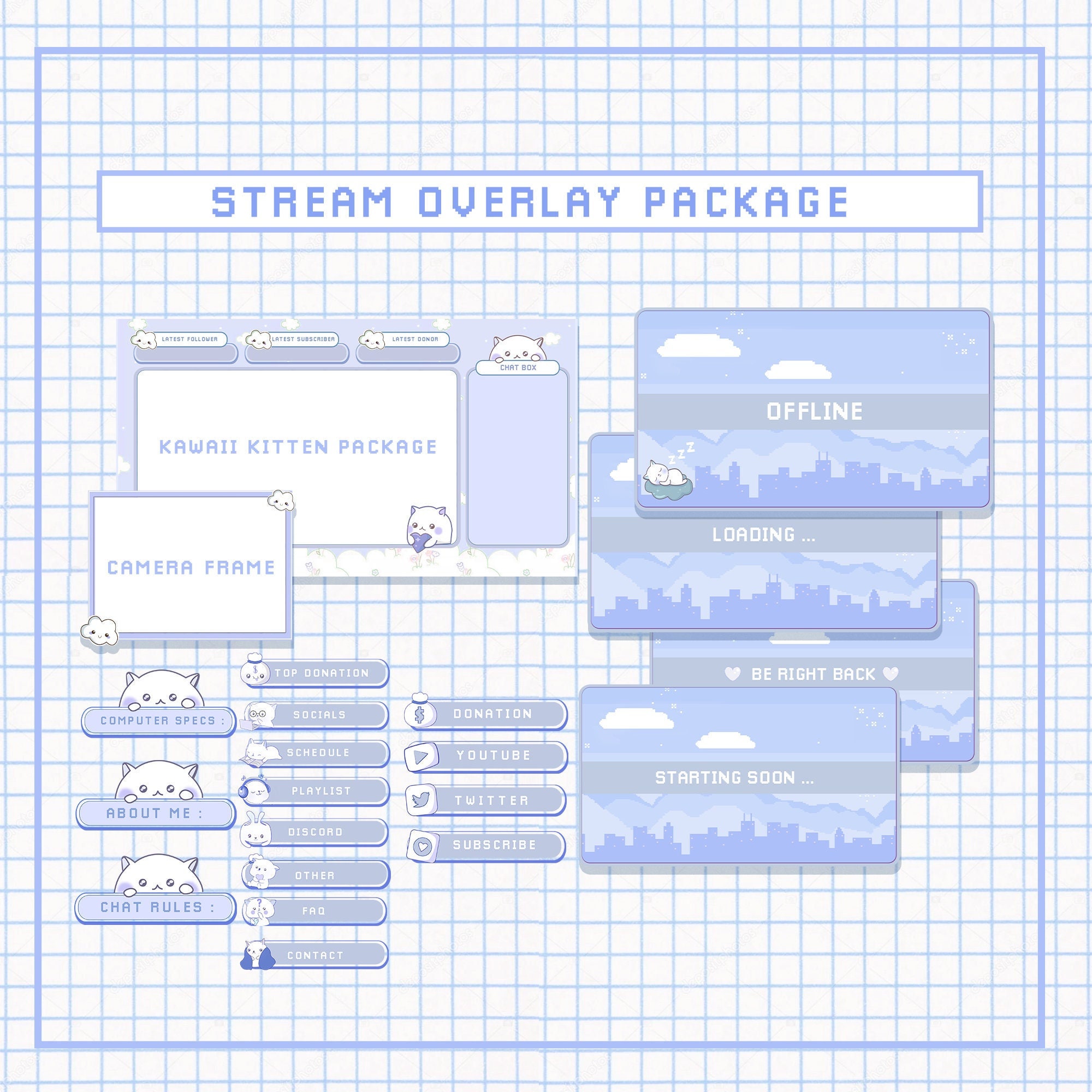 Animated Pastel Blue Stream Overlay, Twitch Kitten Overlay Package ...