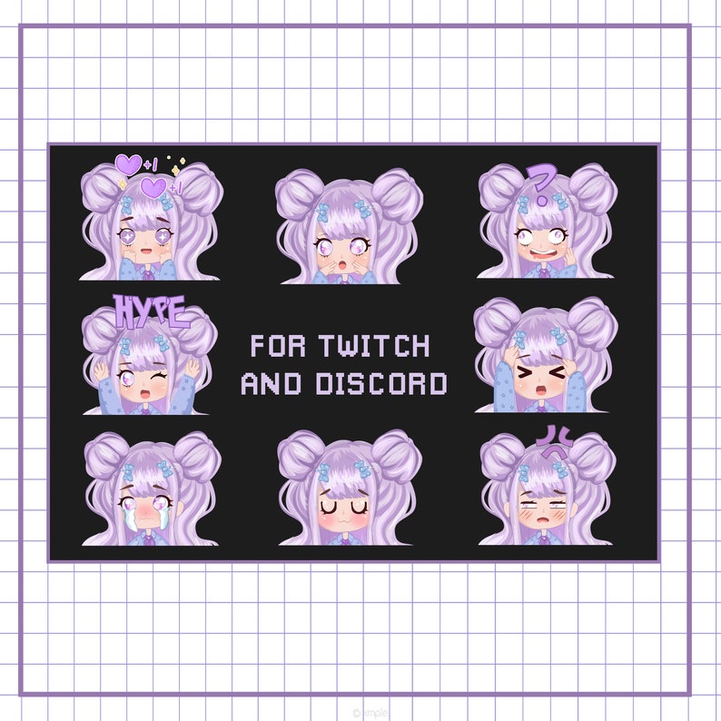 Kawaii Chibi Girl Twitch Emotes, Emote Stream Package, Pastel Purple ...