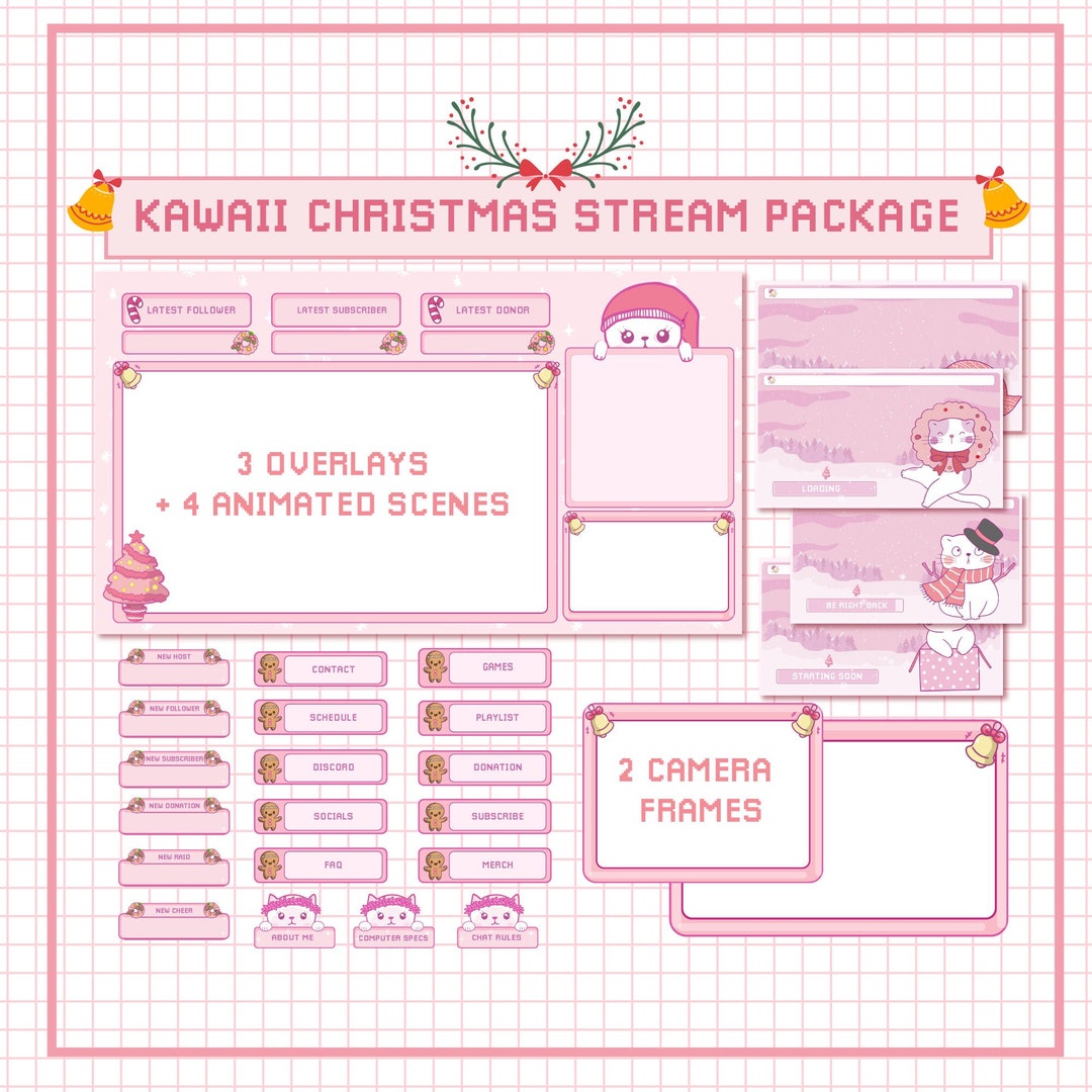 Animated Christmas Twitch Overlay, Xmas Pastel Kawaii Scenes Package ...