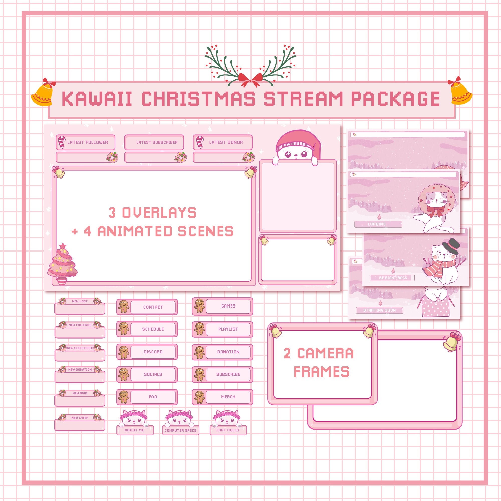 Animated Christmas Twitch Overlay, Xmas Pastel Kawaii Scenes Package ...