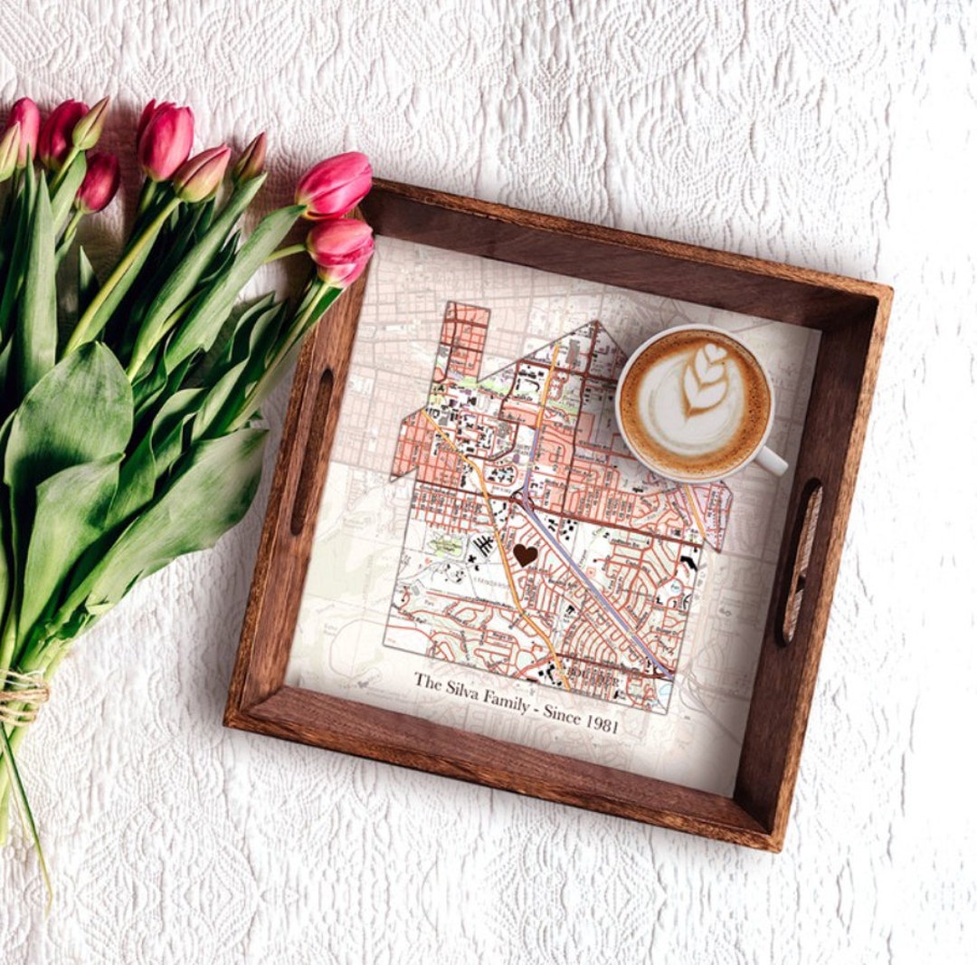 Personalized Wood Map Serving Tray, Home-shaped Topographic Gift - Etsy