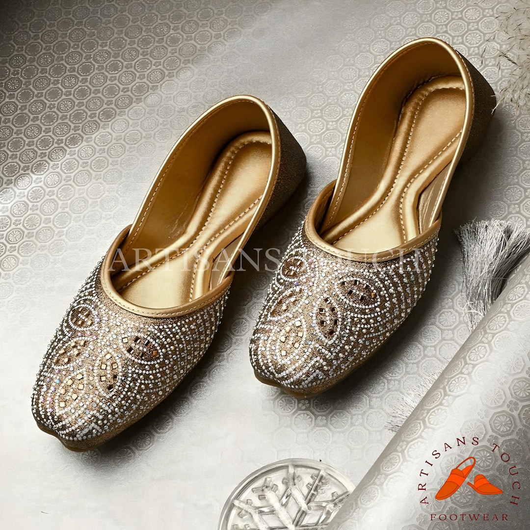 Embellished Bronze Gold Juttis for Women, Handmade Indian Mojari Flats ...