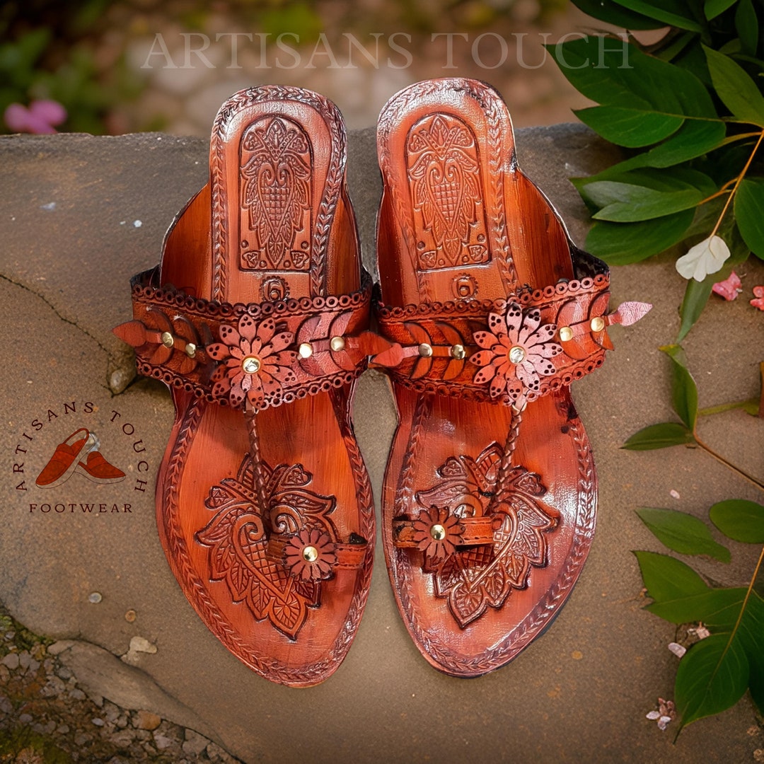 Handmade Leather Kolhapuri Sandals: Dark Tan Ethnic Indian Slippers - Etsy