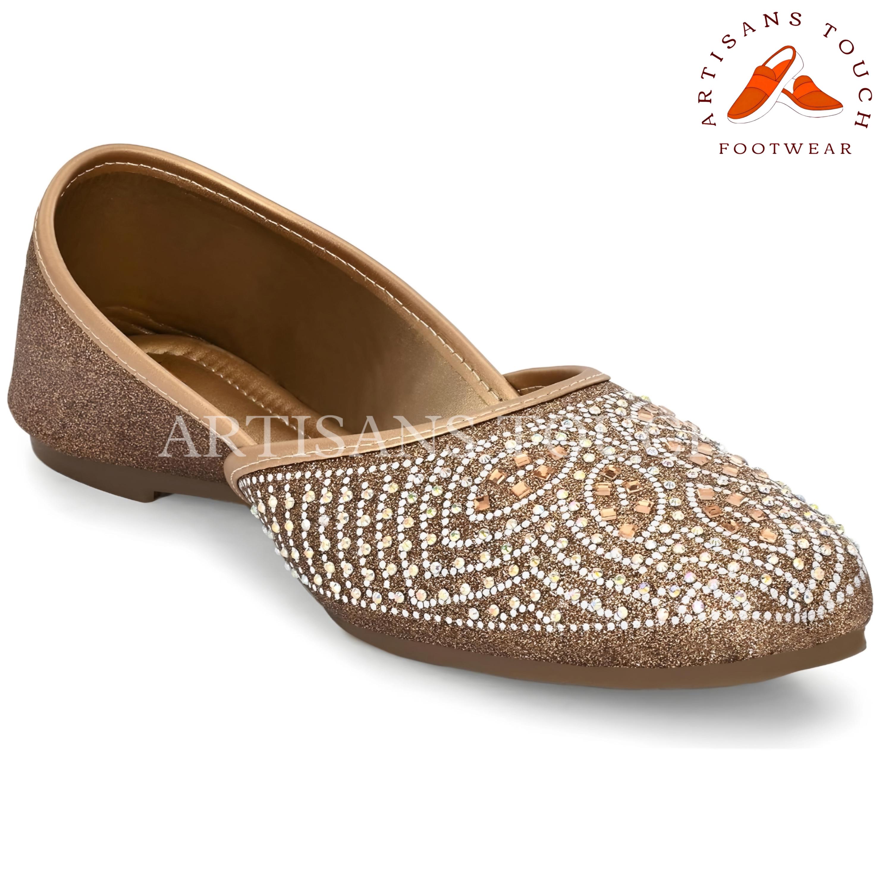 Embellished Bronze Gold Juttis for Women, Handmade Indian Mojari Flats ...