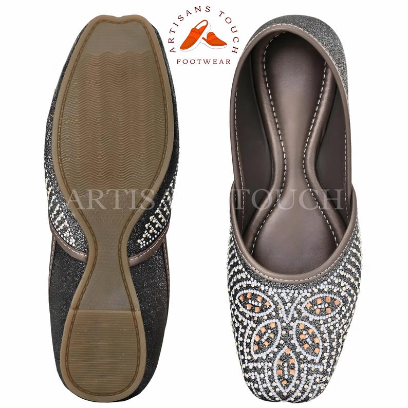 Embellished Grey Black Juttis for Women, Handmade Indian Mojari Flats ...