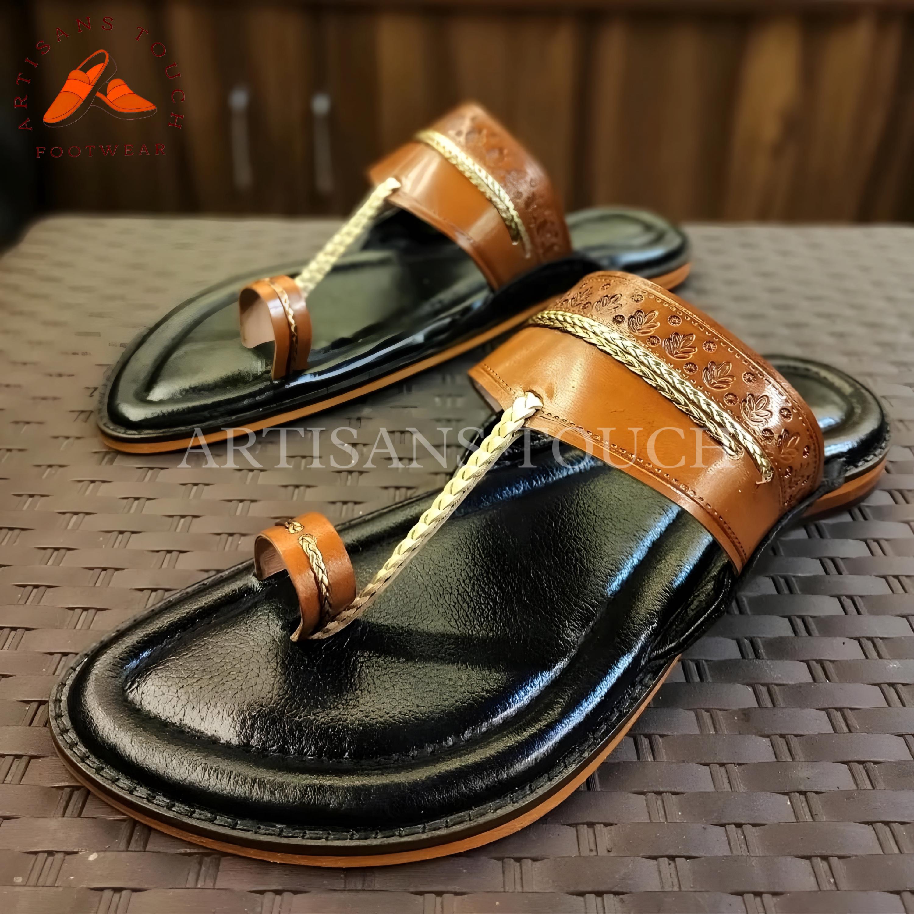 Handmade Kolhapuri Leather Sandals for Men, Traditional Indian Flat ...