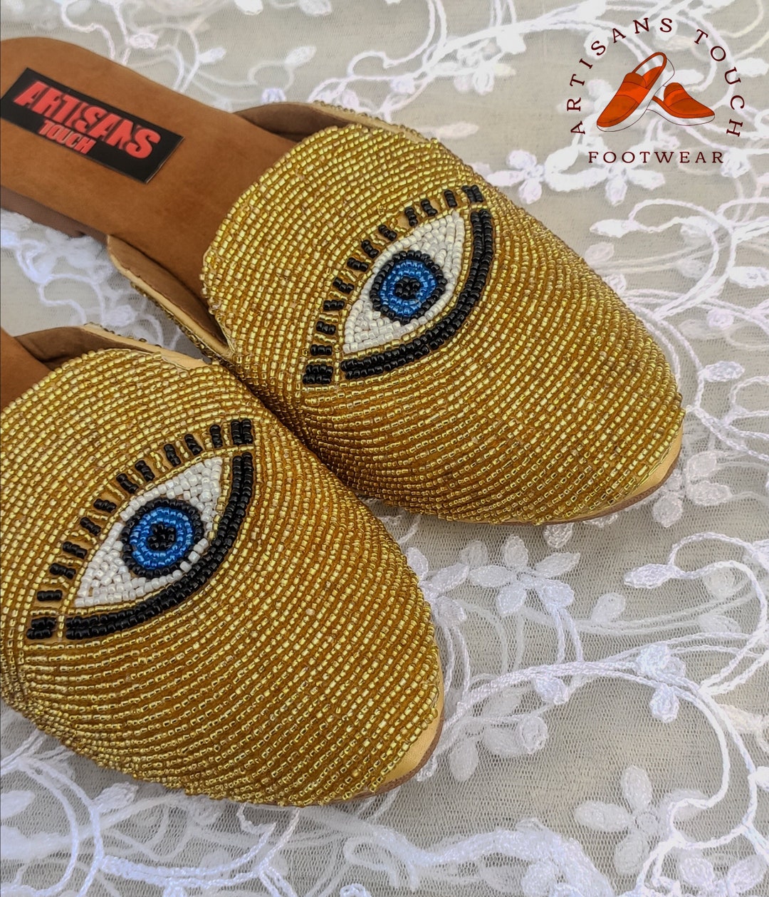 Embellished Golden Mule Slippers for Women, Beaded Eye Sandals for ...