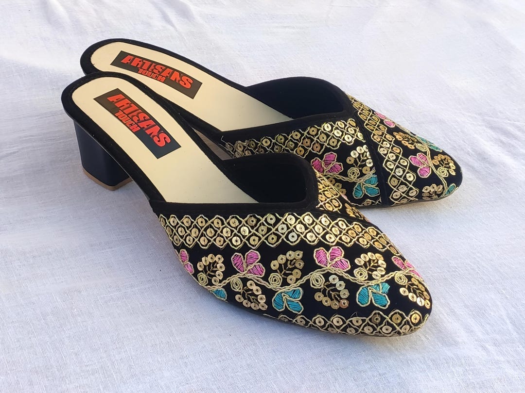 Women Handmade Ethnic Mules With Heels, Indian Bridal Shoes, Beautiful ...