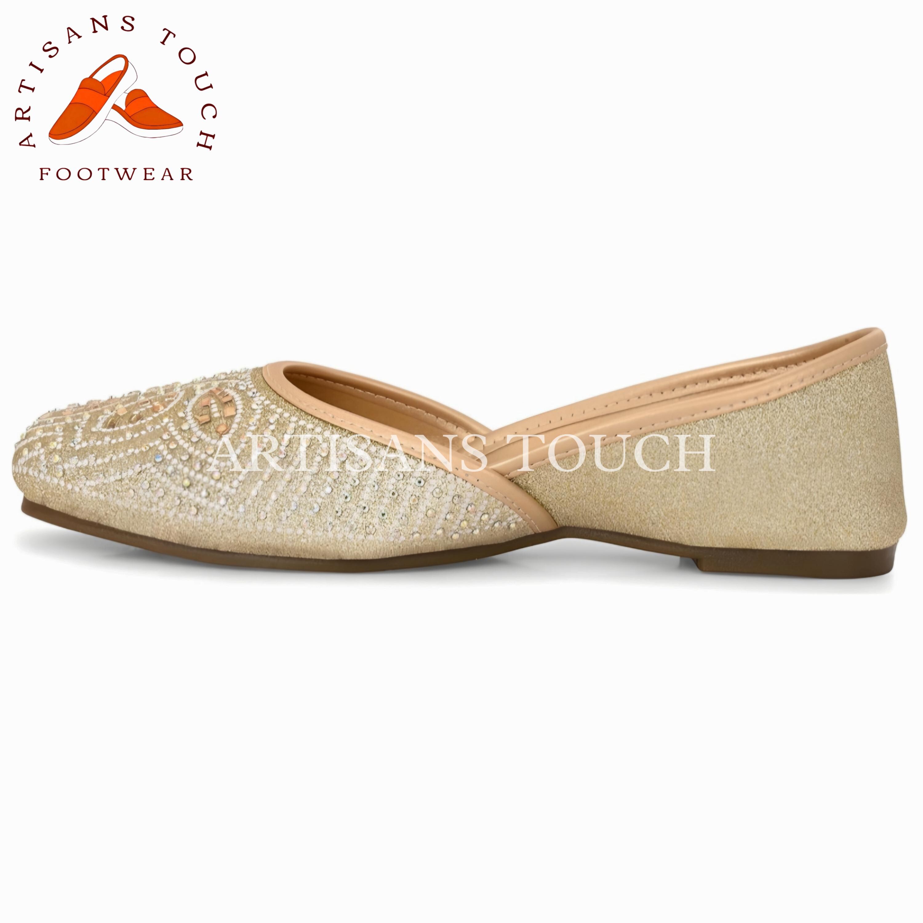 Embellished Golden Juttis for Women, Handmade Indian Mojari Flats With ...