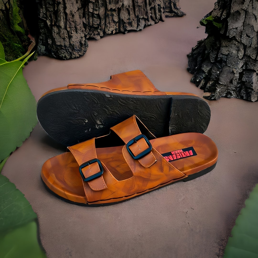 Handmade Tan Leather Double Strap Slide Sandals: Adjustable Buckle - Etsy