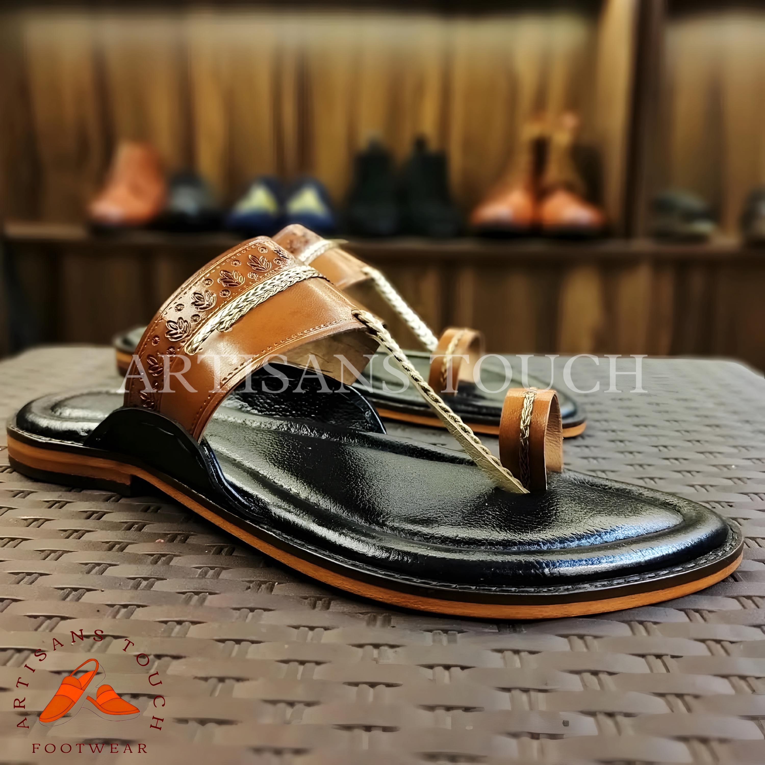 Handmade Kolhapuri Leather Sandals for Men, Traditional Indian Flat ...