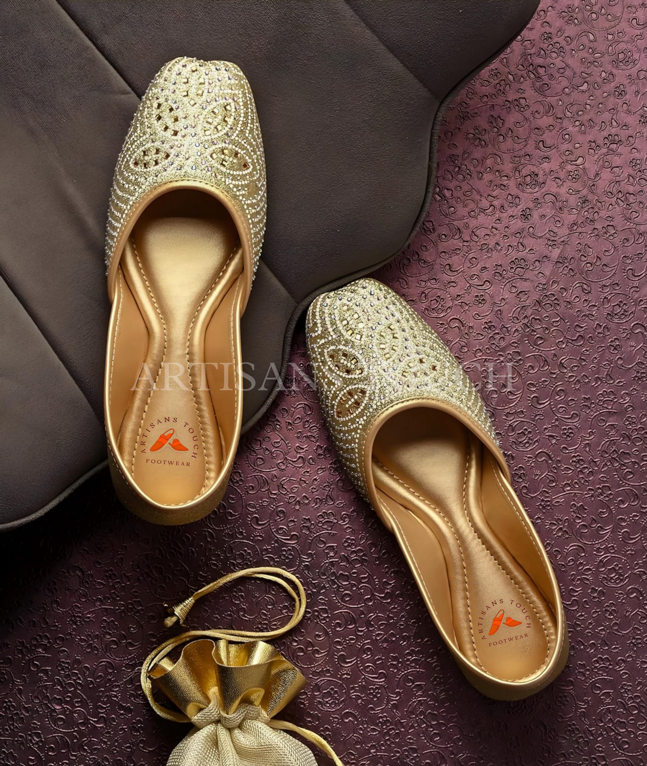 Embellished Golden Juttis for Women, Handmade Indian Mojari Flats With ...