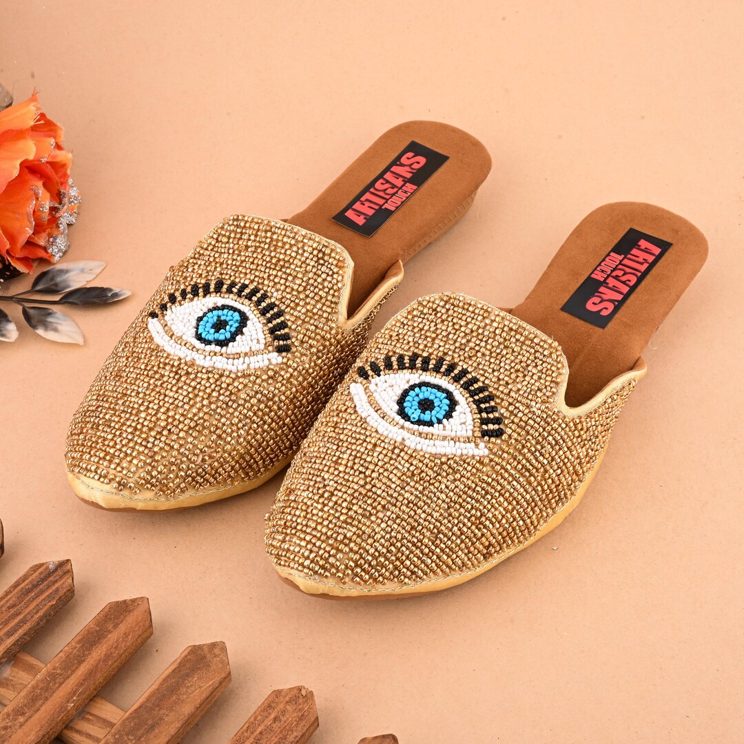 Beaded Eye Mules: Golden Boho Wedding Flats, Aari Work Juttis - Etsy