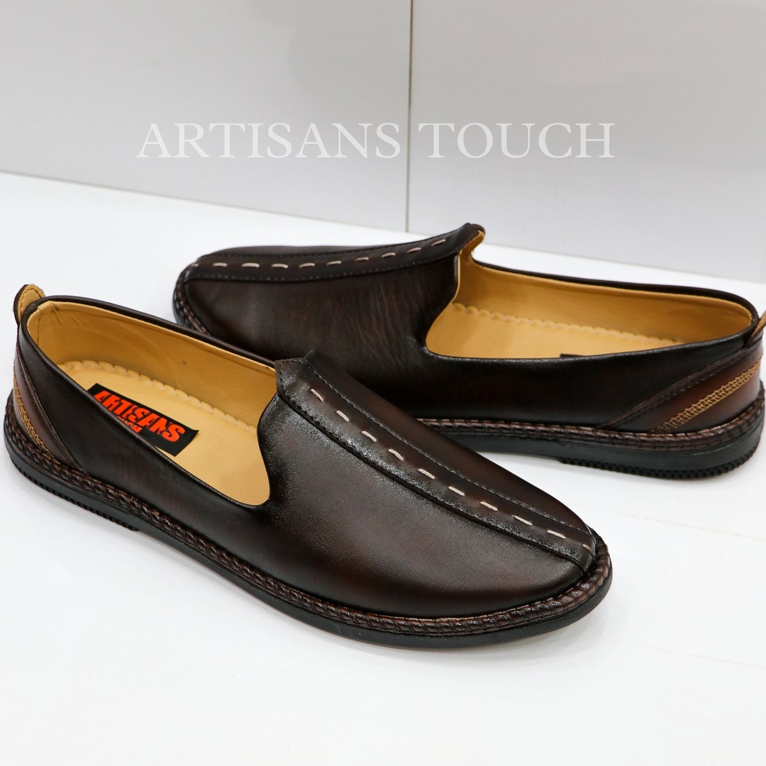 Handmade Brown Leather Mojari Shoes: Ethnic Slip-on Loafers - Etsy