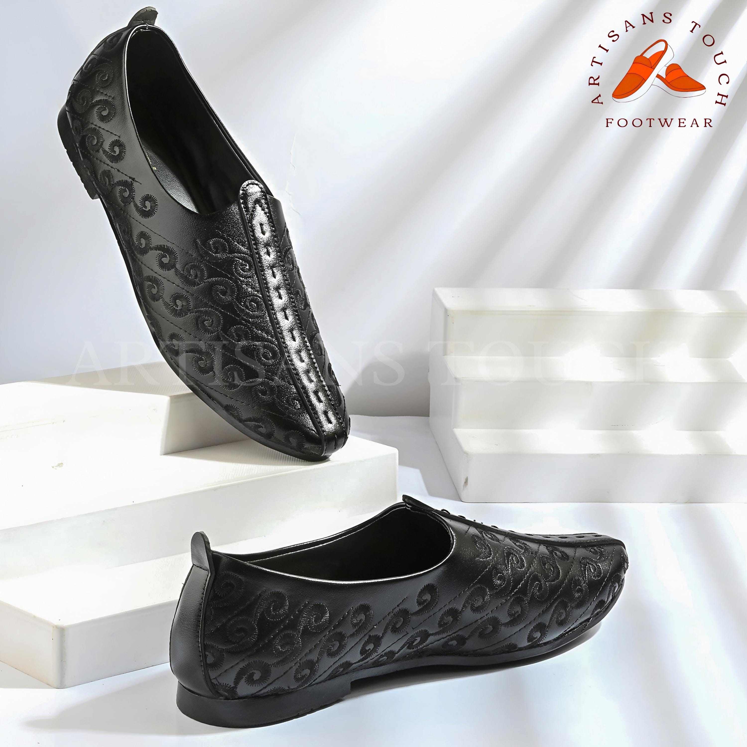 Black Ethnic Men Designer Embroidery Mojari Pointed Shoes, Vegan ...