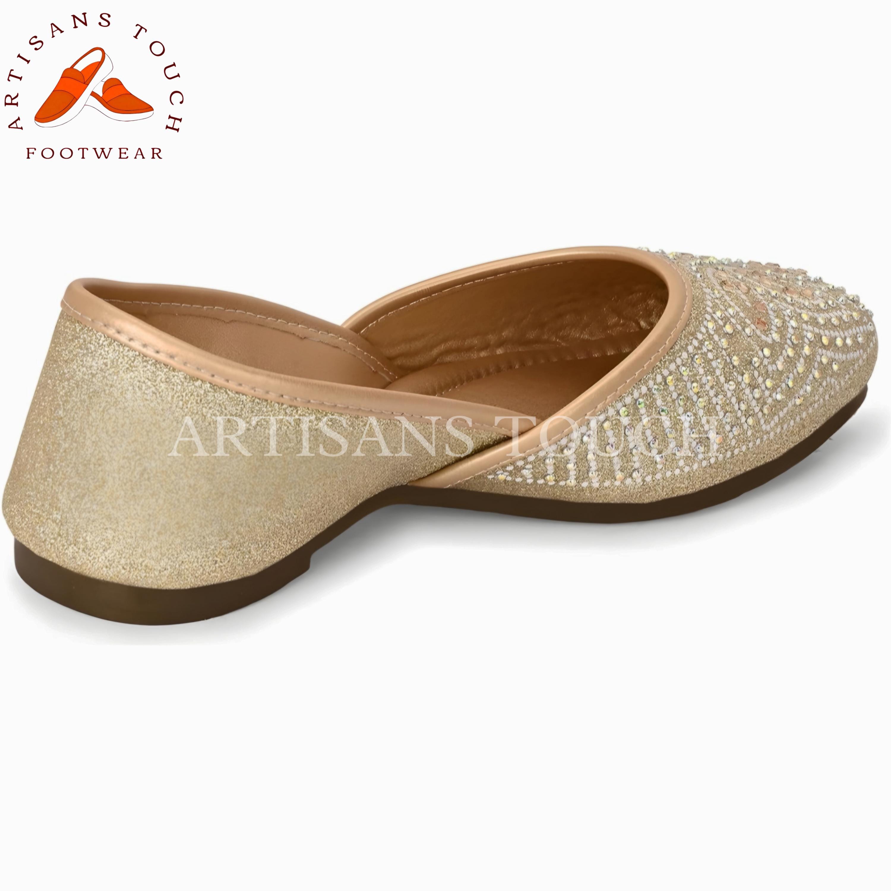 Embellished Golden Juttis for Women, Handmade Indian Mojari Flats With ...