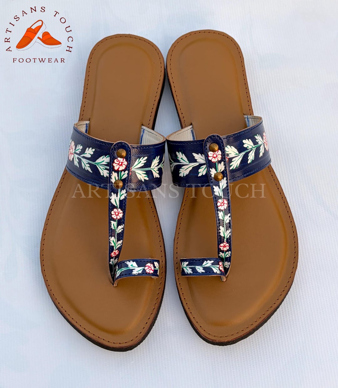 Hand-painted Floral Kolhapuri Sandal for Women, Geniune Blue Leather ...
