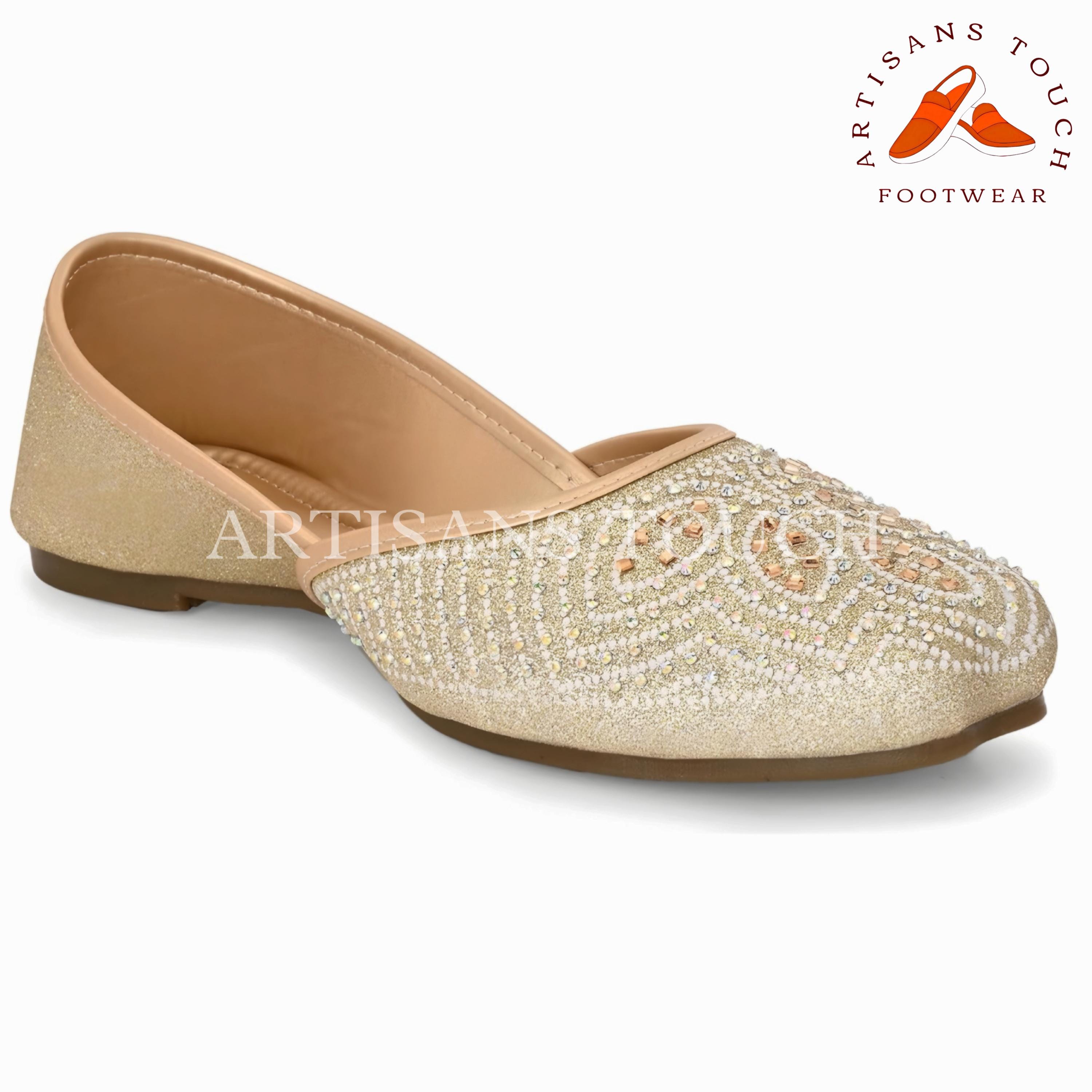 Embellished Golden Juttis for Women, Handmade Indian Mojari Flats With ...