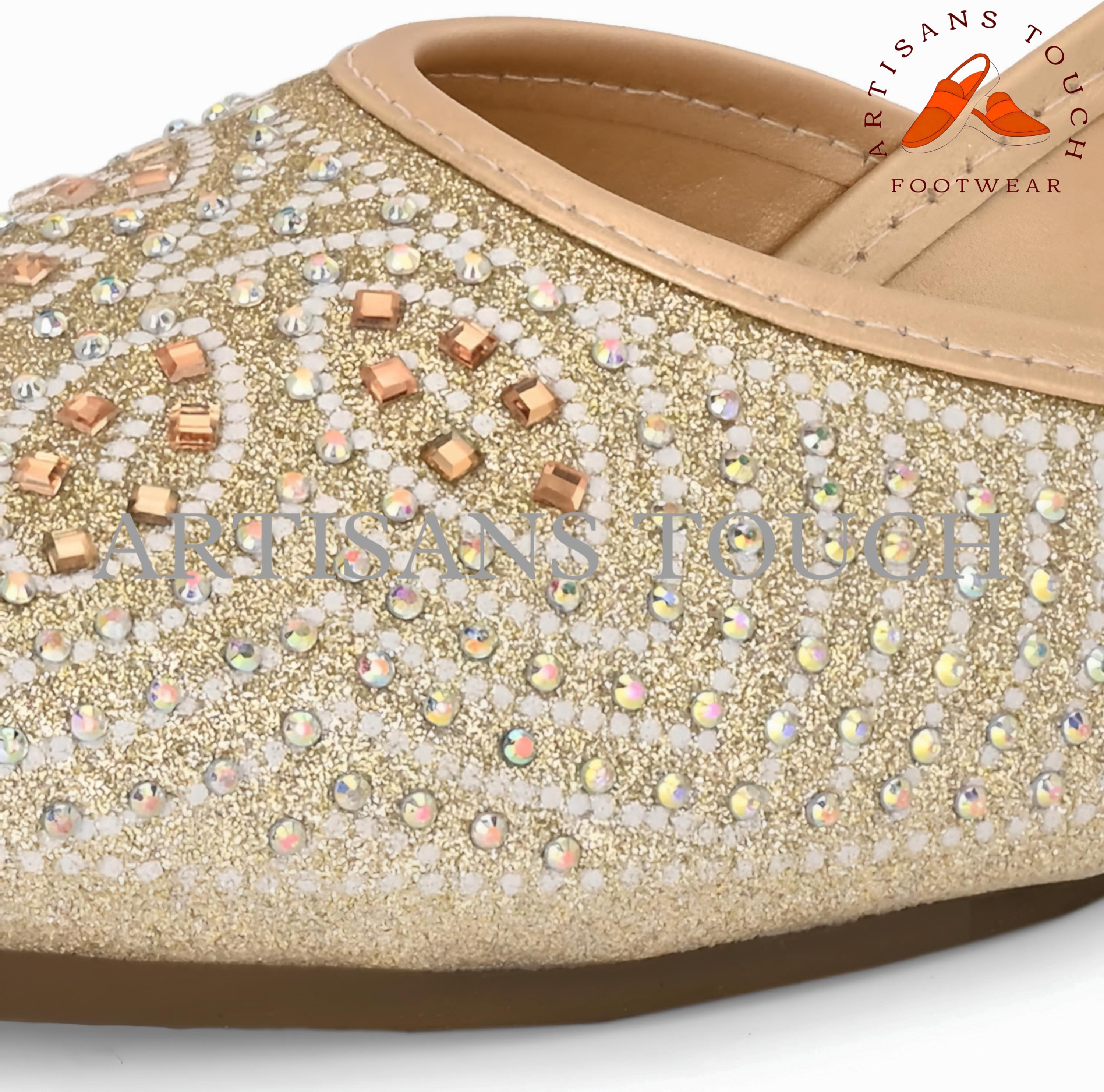 Embellished Golden Juttis for Women, Handmade Indian Mojari Flats With ...