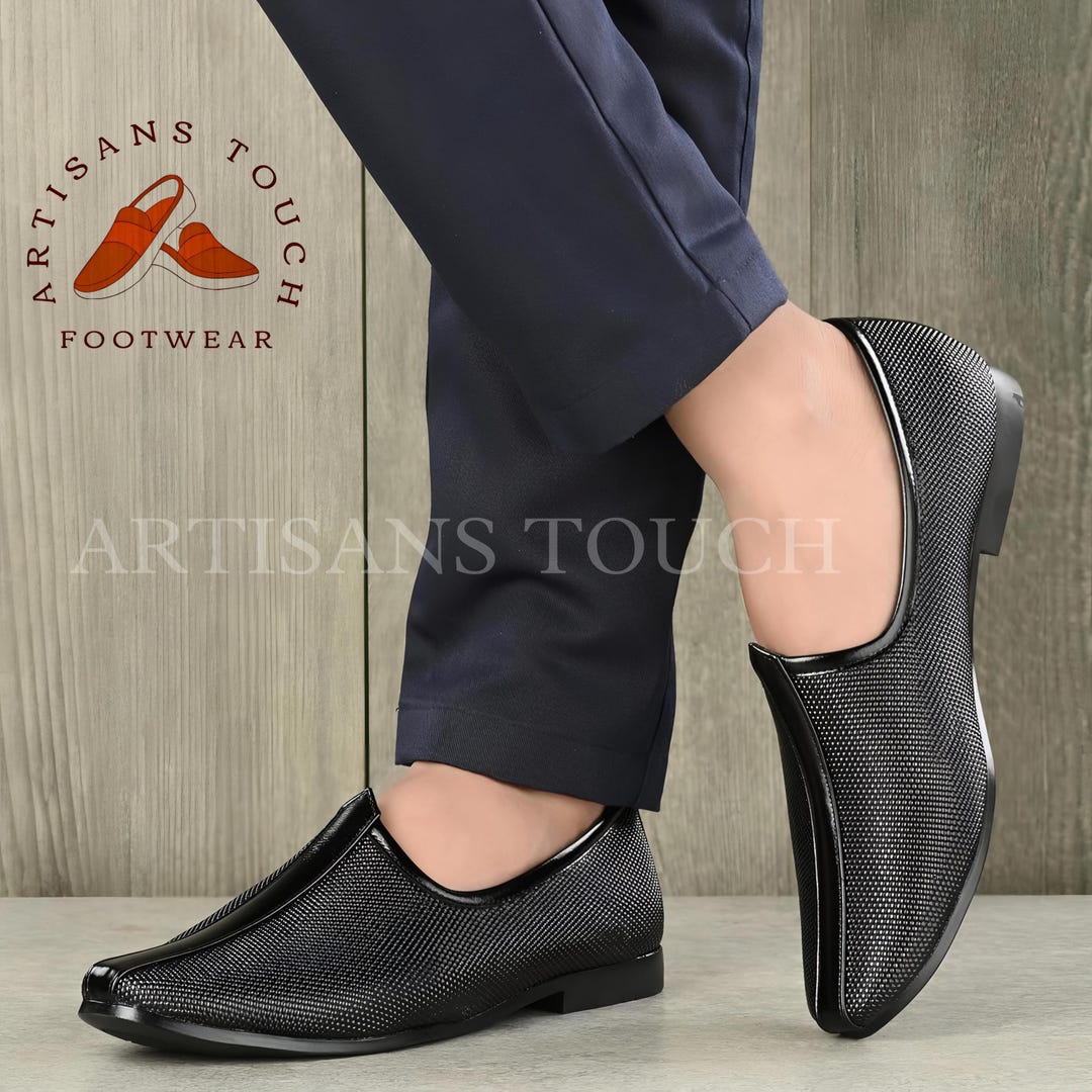 Black Textured Vegan Leather Mojari Shoes: Indian Wedding Loafers - Etsy