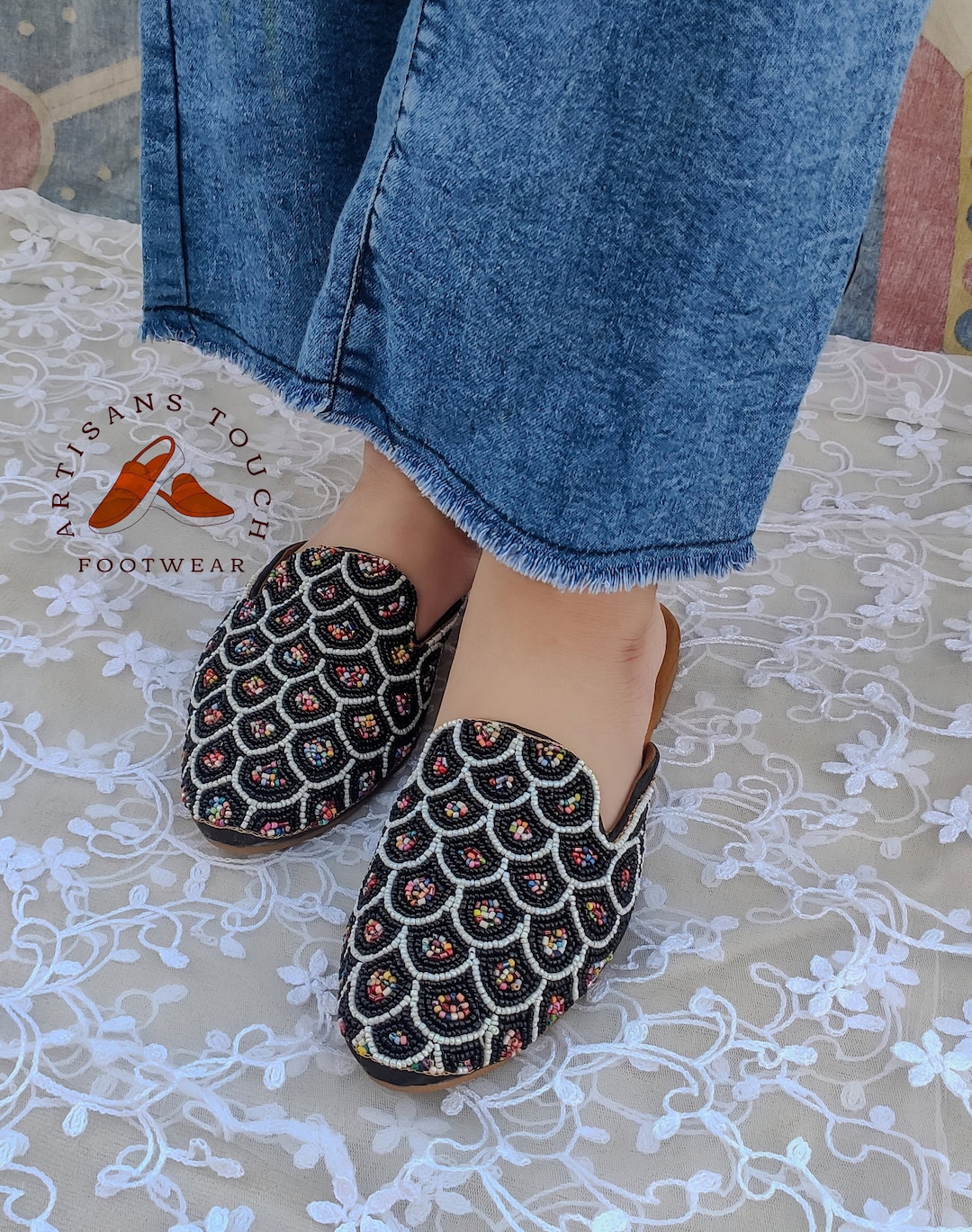 Embellished Mule Slippers for Women, Multicolour Hand Work Mule for Bride, Beautifully ...