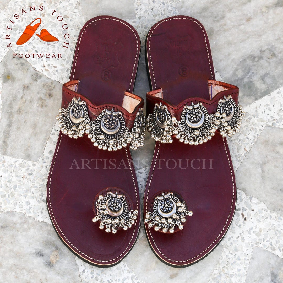 Handcrafted Red Leather Sandals: Silver Toe Ring Ethnic Flats - Etsy