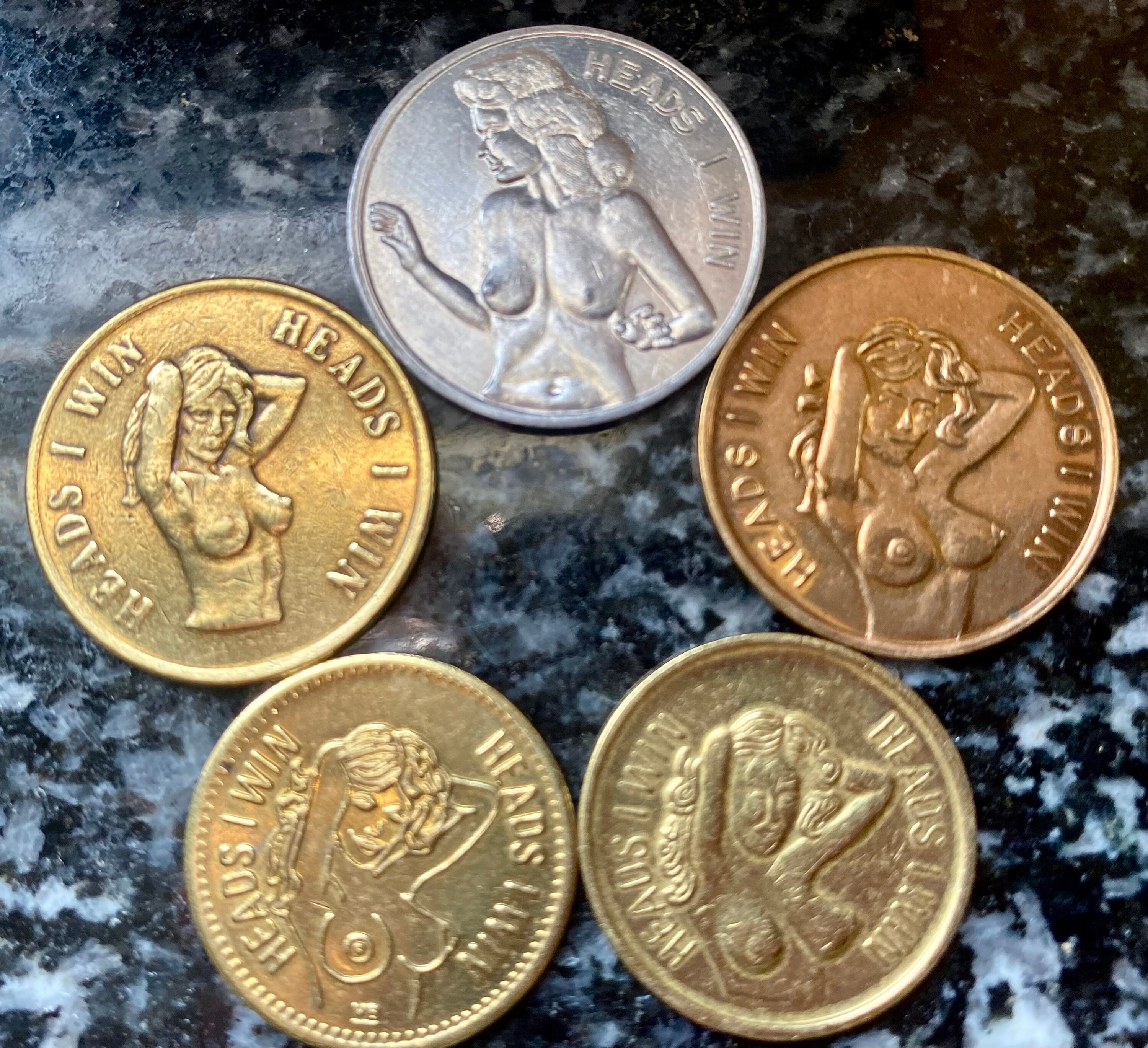 Lot of 5 Different Vintage Risqué heads I Win tails You Lose Peep Show ...