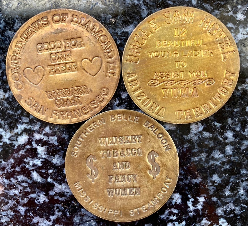 Lot of 3 Famous Brothel Tokens Old West Cat House Coins Southern Belle ...