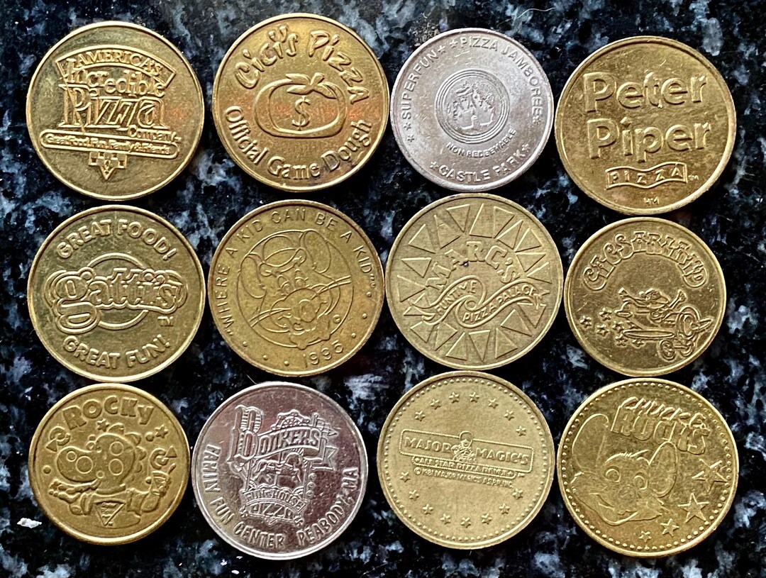 Collection of 12 Popular Vintage Pizza Arcade Tokens of the 80s-chuck E ...