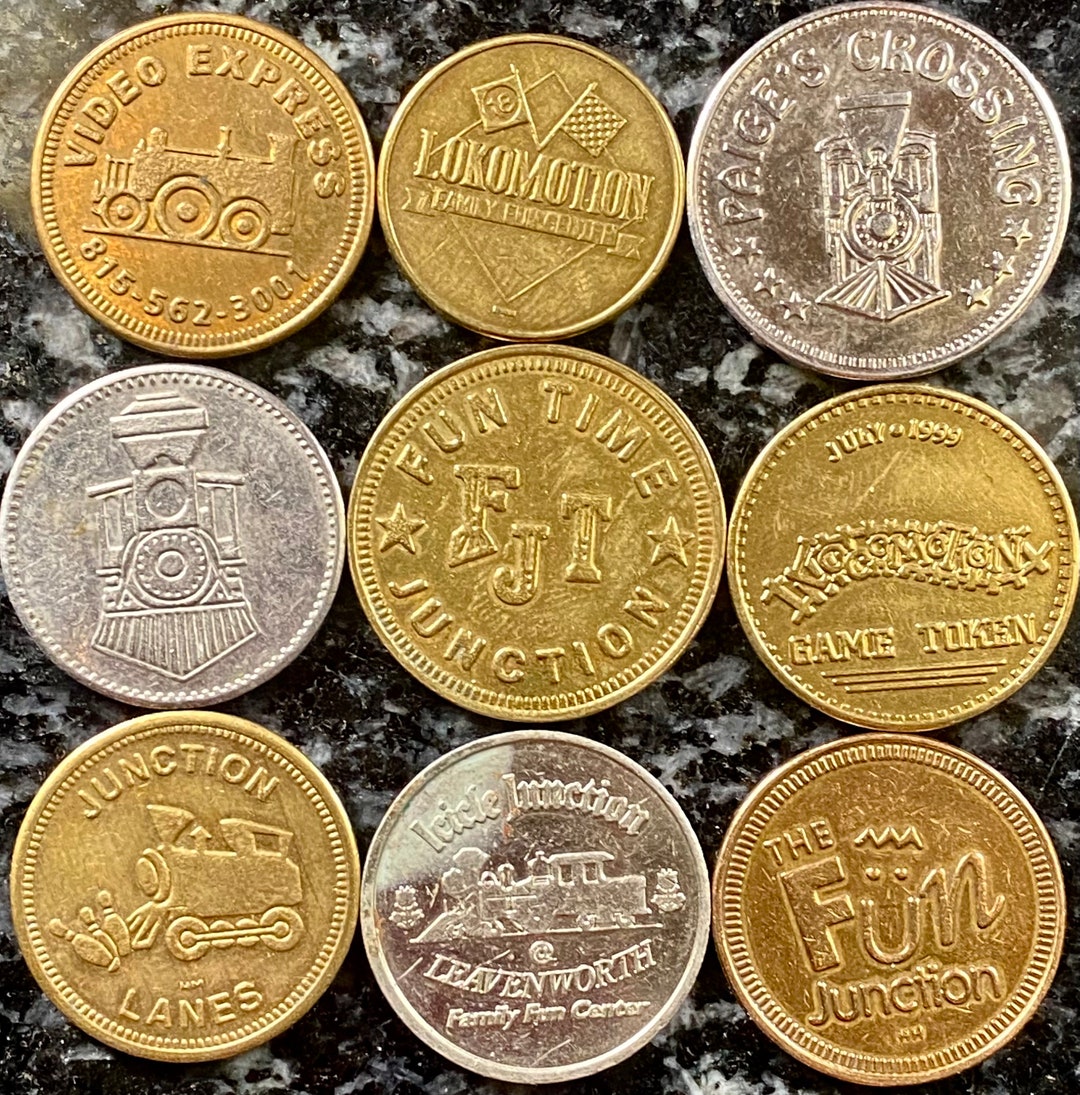 Collection of 9 Locomotive Train Theme Arcade Tokens of the 80s-90s ...